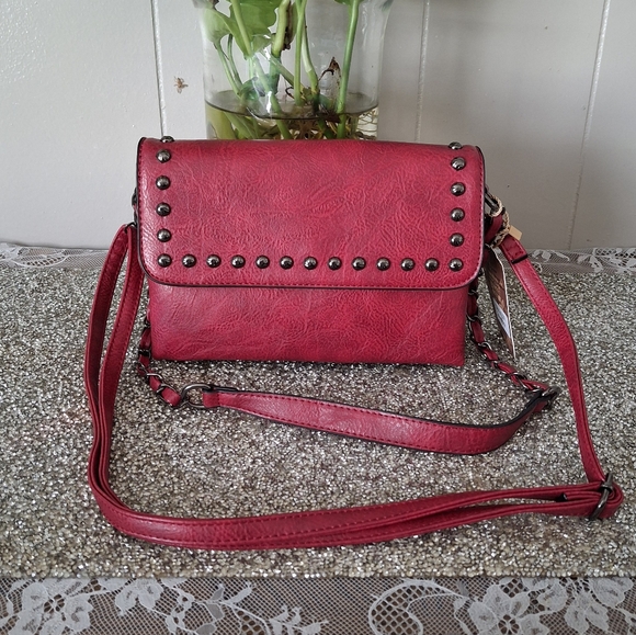 Bags | Red Studded Crossbody Bag With Flap Closure | Poshmark